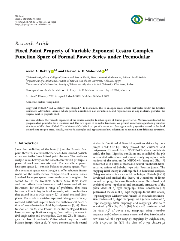 (PDF) Fixed Point Property of Variable Exponent Cesàro Complex Function Space of Formal Power ...