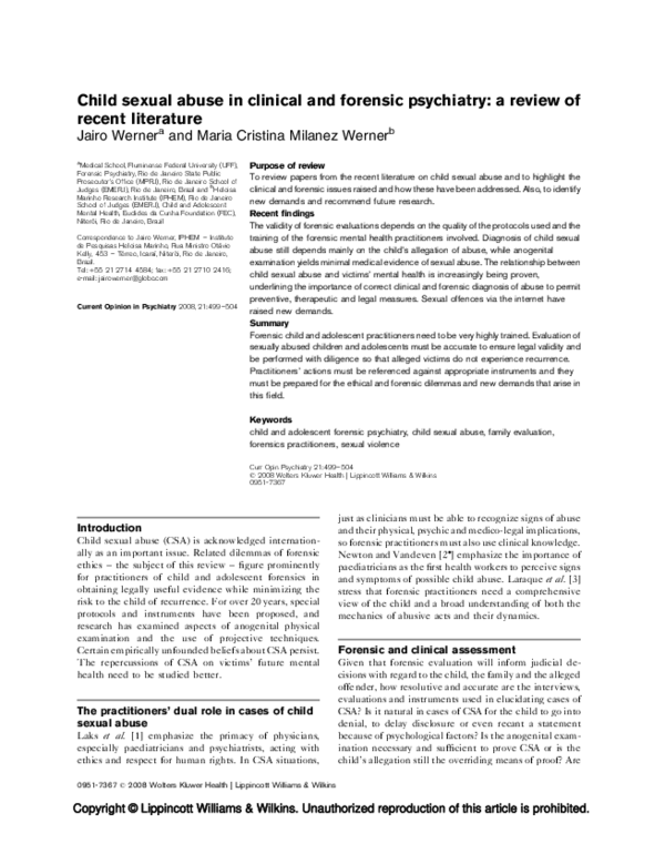 (PDF) Child sexual abuse in clinical and forensic psychiatry: a review of recent literature