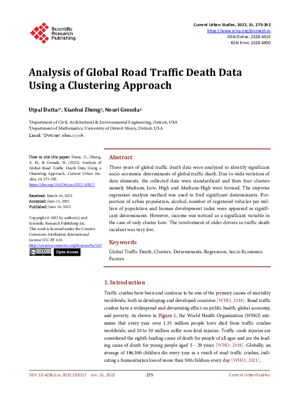 (PDF) Analysis of Global Road Traffic Death Data Using a Clustering ...