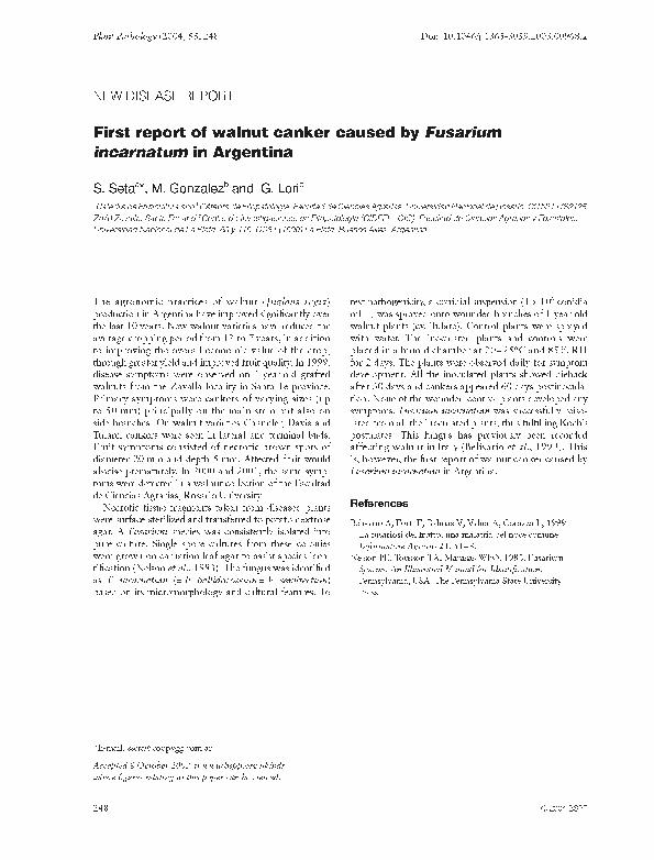 (PDF) First report of walnut canker caused by Fusarium incarnatum in ...