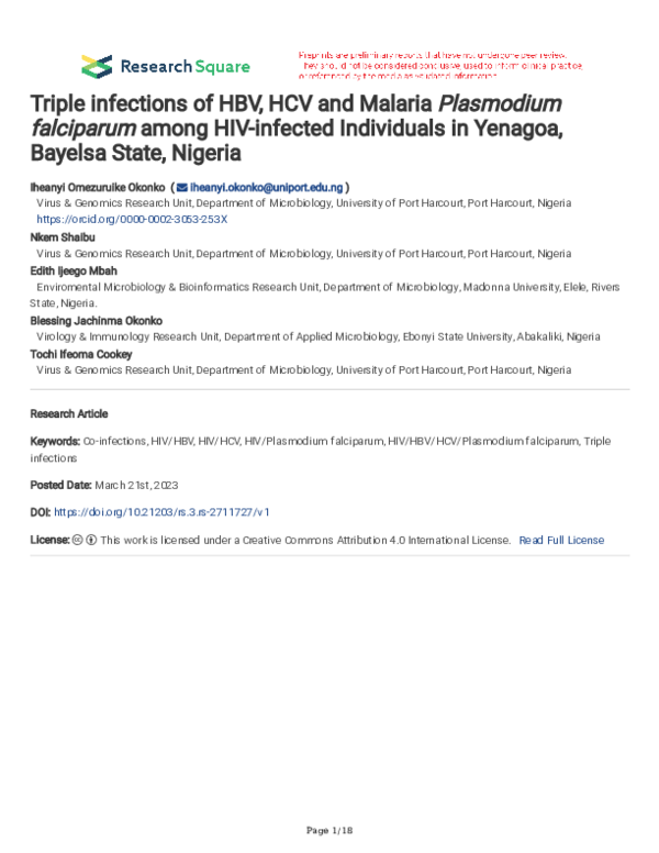 (PDF) Triple infections of HBV, HCV and Malaria Plasmodium falciparum ...