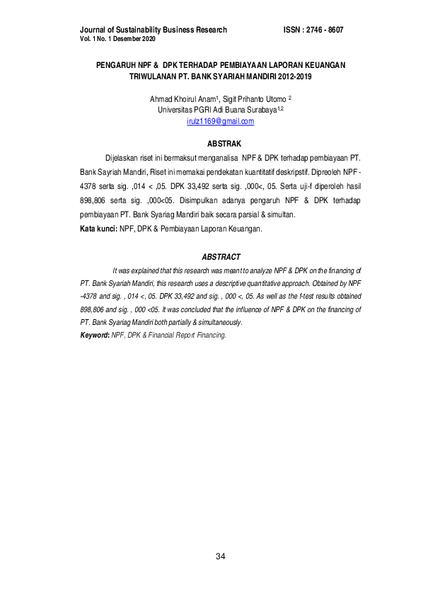 (PDF) Pengaruh NPF DPK Terhadap Pembiayaan Laporan Keuangan Triwulanan Pt. Bank Syariah Mandiri ...