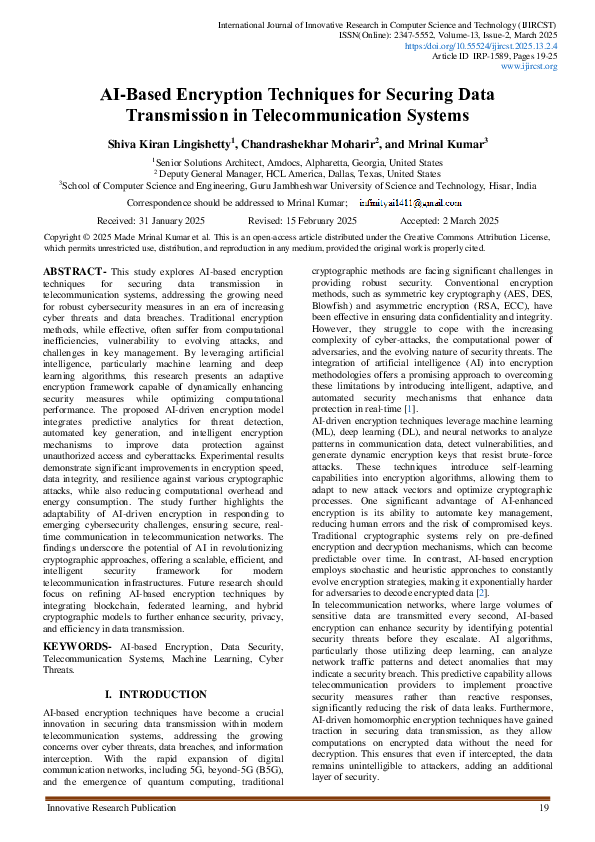 (PDF) AI-Based Encryption Techniques for Securing Data Transmission in Telecommunication Systems