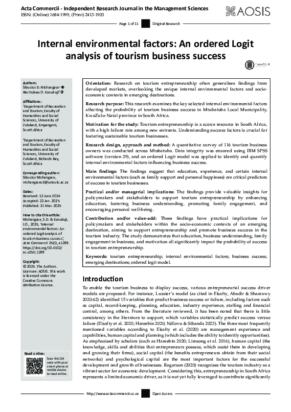 (PDF) Internal environmental factors: An ordered Logit analysis of tourism business success