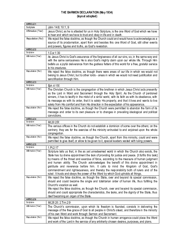 (PDF) THE BARMEN DECLARATION (May 1934) (layout adapted