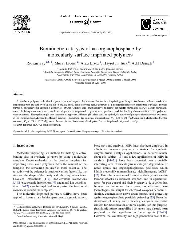 (PDF) Biomimetic catalysis of an organophosphate by molecularly surface ...