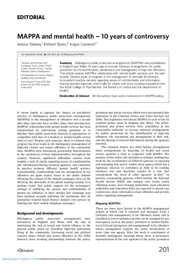 (PDF) MAPPA and mental health — 10 years of controversy
