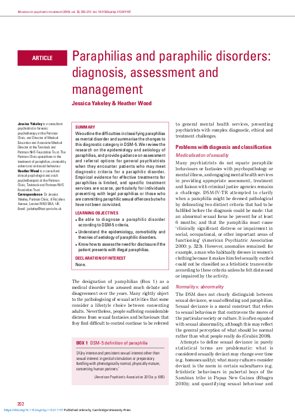 (PDF) Paraphilias and paraphilic disorders: diagnosis, assessment and ...