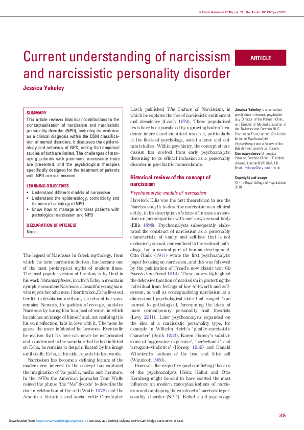 (PDF) Current understanding of narcissism and narcissistic personality ...
