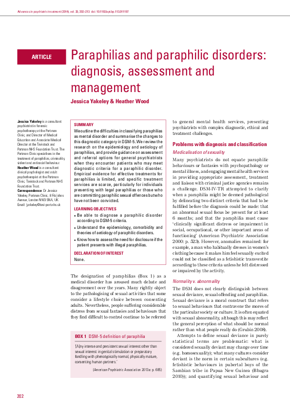Paraphilias and paraphilic disorders: diagnosis, assessment and management