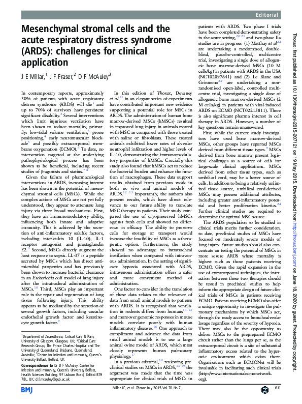(PDF) Mesenchymal stromal cells and the acute respiratory distress syndrome (ARDS): challenges ...
