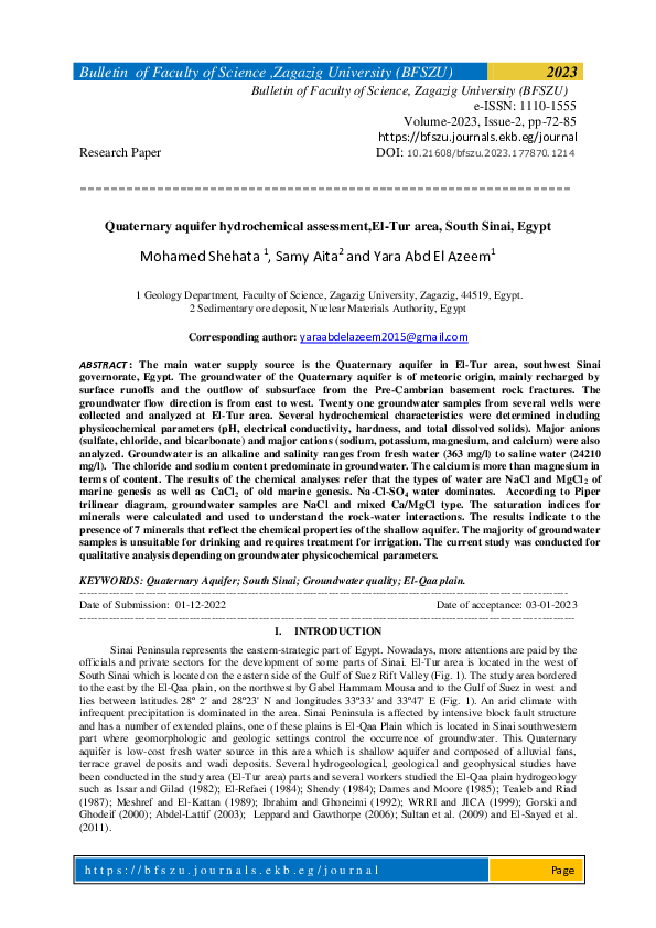 (PDF) Quaternary Aquifer Hydrochemical Assessment, El-Tur Area, South ...