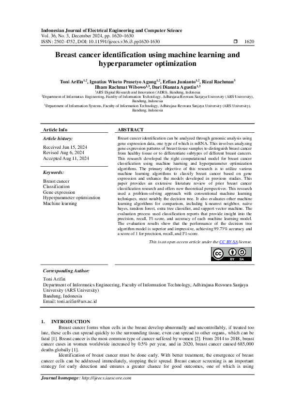 (PDF) Breast cancer identification using machine learning and hyperparameter optimization