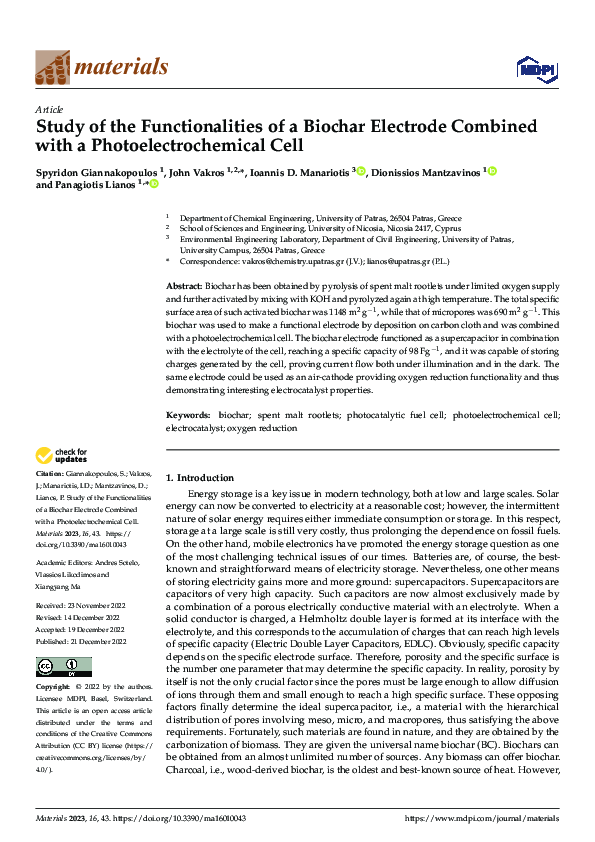 Study of the Functionalities of a Biochar Electrode Combined with a ...