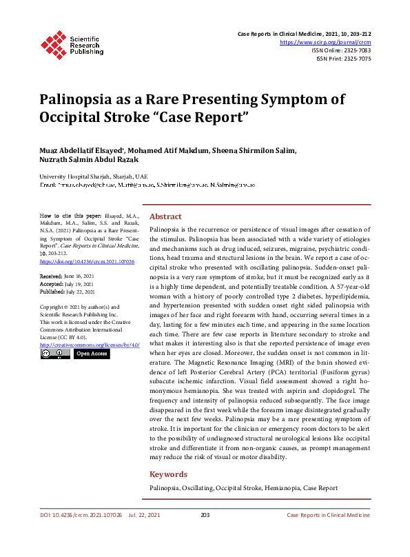 (PDF) Palinopsia as a Rare Presenting Symptom of Occipital Stroke “Case ...