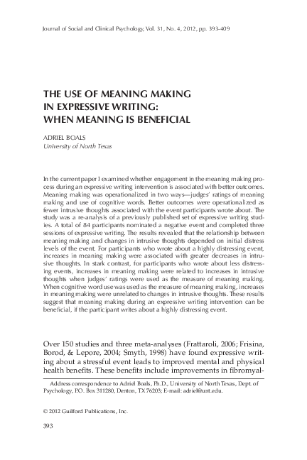(PDF) The Use of Meaning Making in Expressive Writing: When Meaning is ...