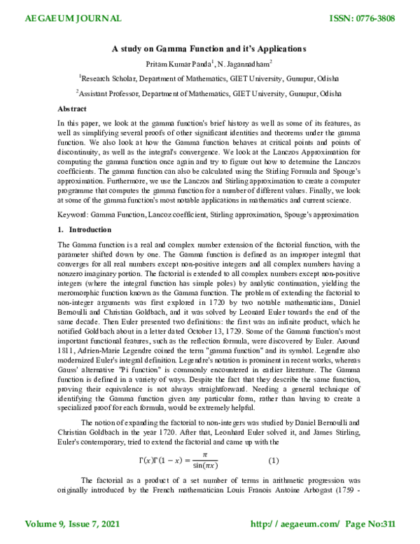 (PDF) A study on Gamma Function and it's Applications