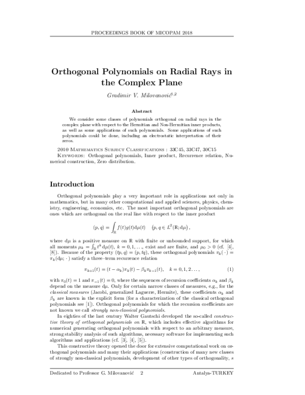 (PDF) OF MICOPAM 2018 Orthogonal Polynomials on Radial Rays in the Complex Plane