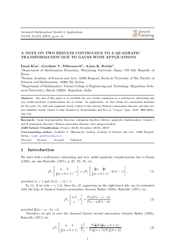(PDF) A Note on Two Results Contiguous to a Quadratic Transformation ...