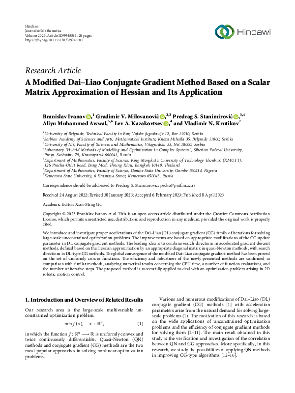 (PDF) A Modified Dai–Liao Conjugate Gradient Method Based on a Scalar Matrix Approximation of ...