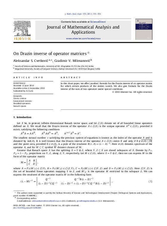 (PDF) On Drazin inverse of operator matrices