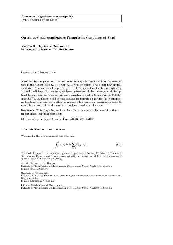(PDF) On an optimal quadrature formula in the sense of Sard