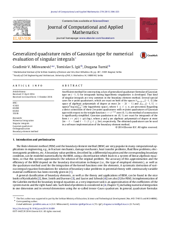 (PDF) Generalized quadrature rules of Gaussian type for numerical evaluation of singular integrals