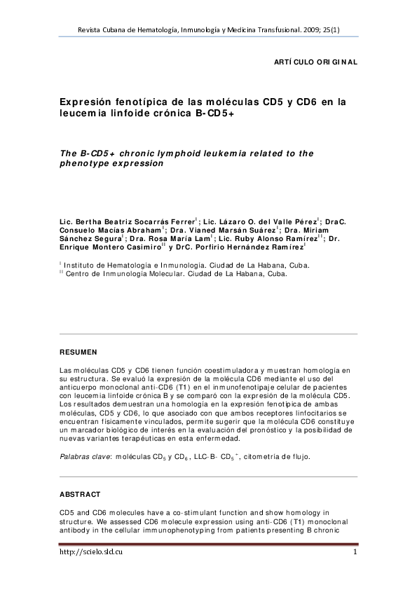 (PDF) Expresión fenotípica de las moléculas CD5 y CD6 en la leucemia linfoide crónica B-CD5+