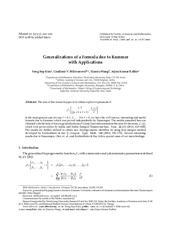 (PDF) Generalizations of a formula due to Kummer with applications