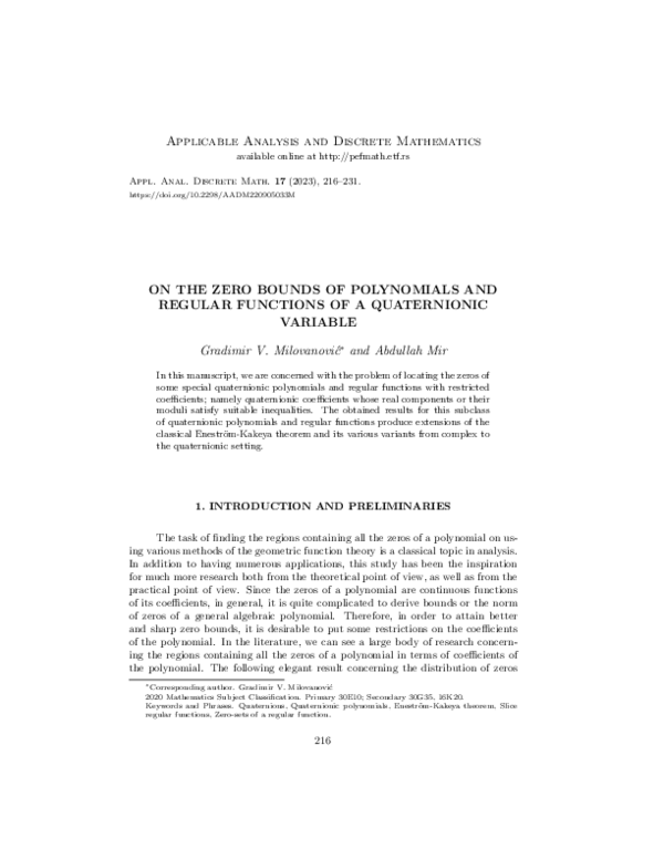 (PDF) On the zero bounds of polynomials and regular functions of a quaternionic variable