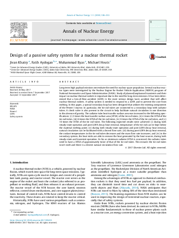 (PDF) Design of a passive safety system for a nuclear thermal rocket