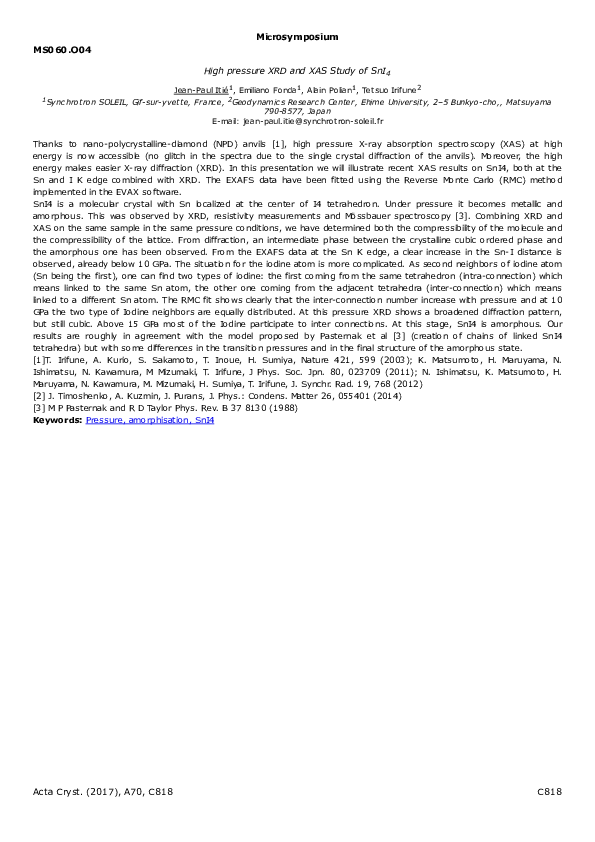 (PDF) High-pressure XRD and XAS study of SnI4