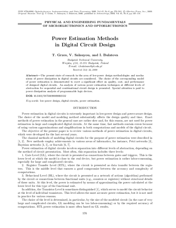 (PDF) Power estimation methods in digital circuit design