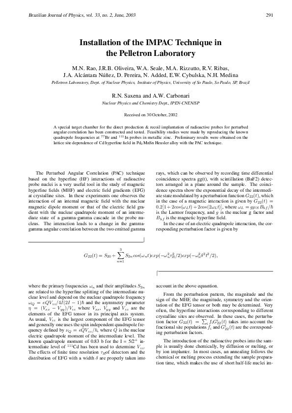 (PDF) Installation of the IMPAC technique in the Pelletron laboratory