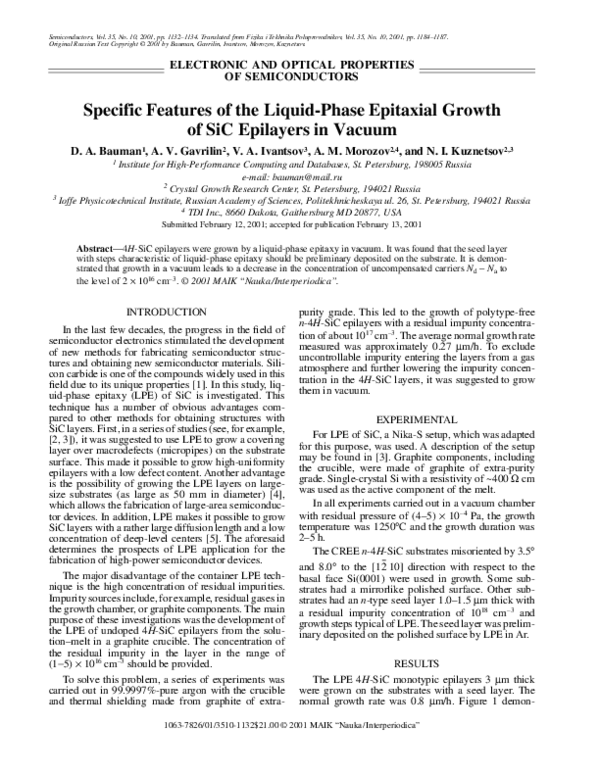 (PDF) Specific Features of the Liquid-Phase Epitaxial Growth of SiC Epilayers in Vacuum