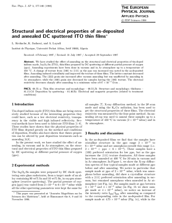 (PDF) Structural and electrical properties of as-deposited and annealed DC sputtered ITO thin films