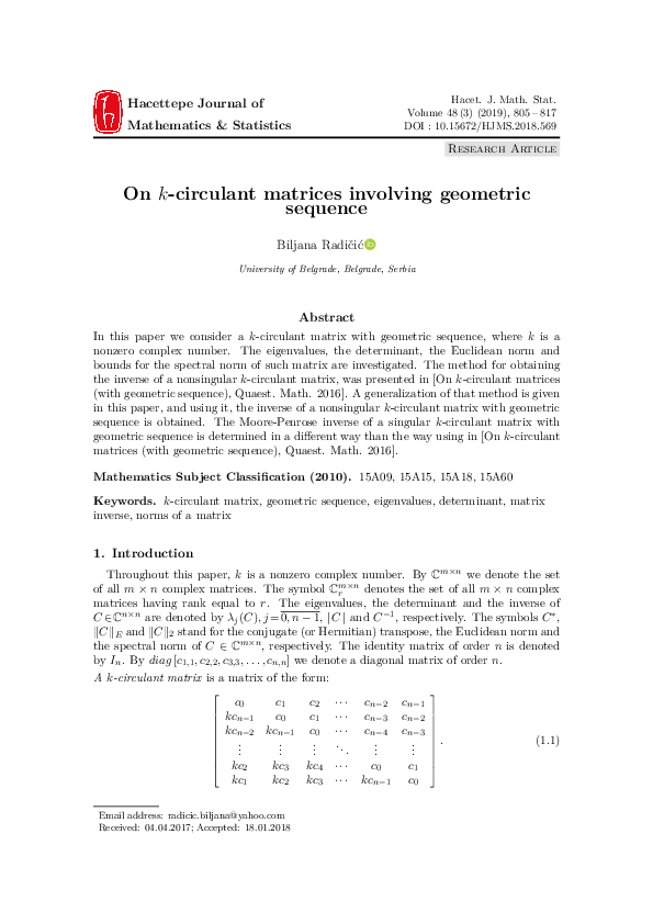 (PDF) On k-circulant matrices involving geometric sequence