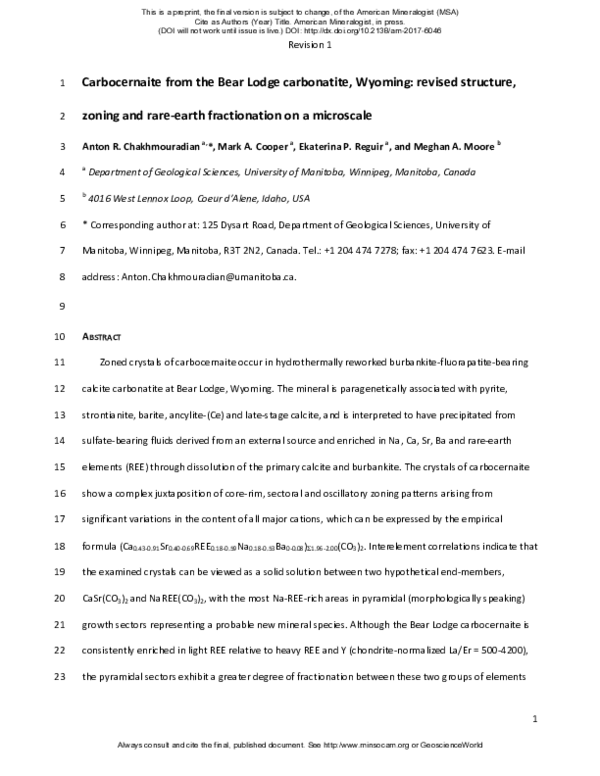 (PDF) Carbocernaite from the Bear Lodge carbonatite , Wyoming : revised ...