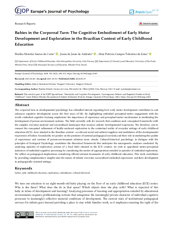 (PDF) Babies in the corporeal turn: The cognitive embodiment of early motor development and ...