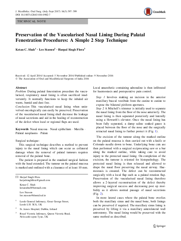 (PDF) Preservation of the Vascularised Nasal Lining During Palatal Fenestration Procedures: A ...