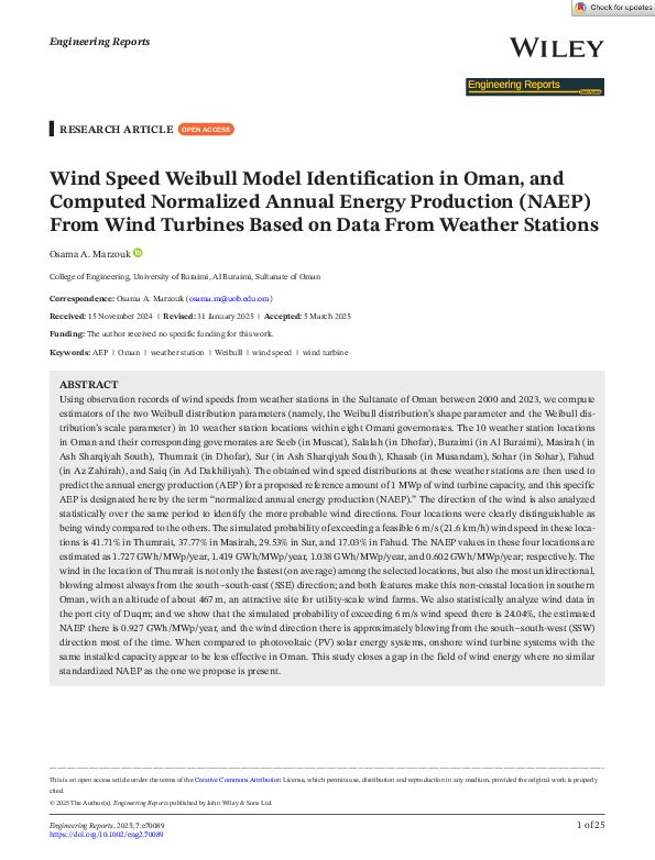 (PDF) Wind Speed Weibull Model Identification in Oman, and Computed Normalized Annual Energy ...