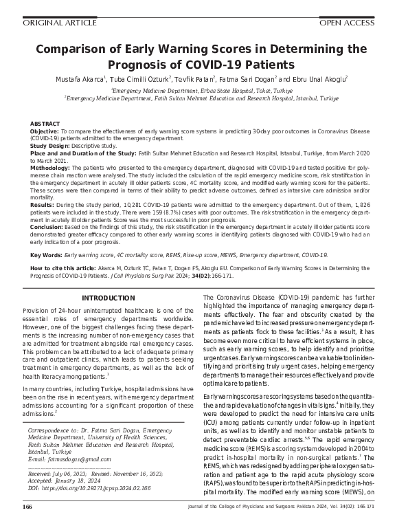 (PDF) Comparison of Early Warning Scores in Determining the Prognosis ...