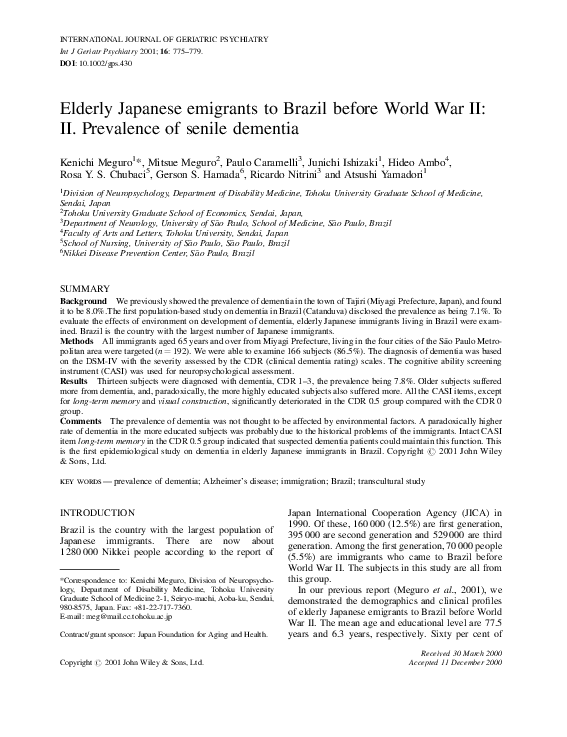 (PDF) Elderly Japanese emigrants to Brazil before World War II: I ...