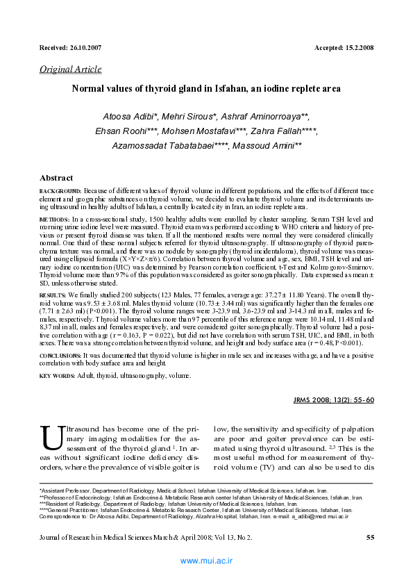 (PDF) Normal Values of Thyroid Gland in Isfahan, an Iodine Replete Area