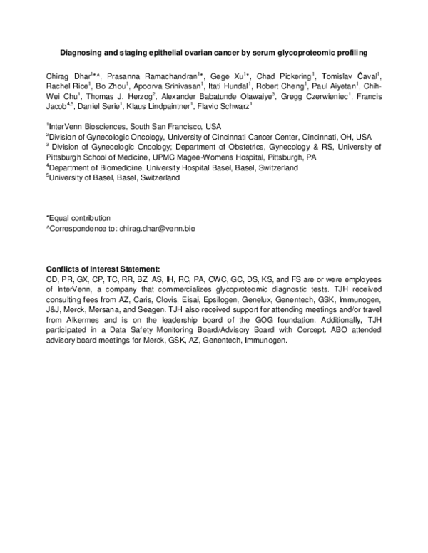 (PDF) Diagnosing and staging epithelial ovarian cancer by serum glycoproteomic profiling