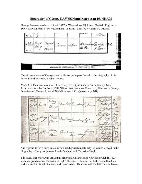 (PDF) Biography: George DAWSON and Mary Ann DUNHAM