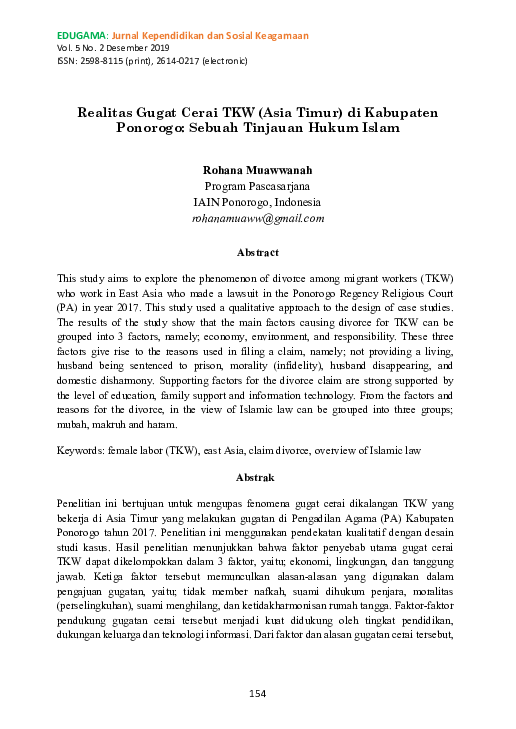 (PDF) Realitas Gugat Cerai TKW (Asia Timur) di Kabupaten Ponorogo: Sebuah Tinjauan Hukum Islam