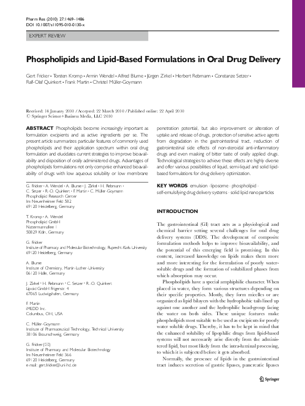 (PDF) Phospholipids and Lipid-Based Formulations in Oral Drug Delivery