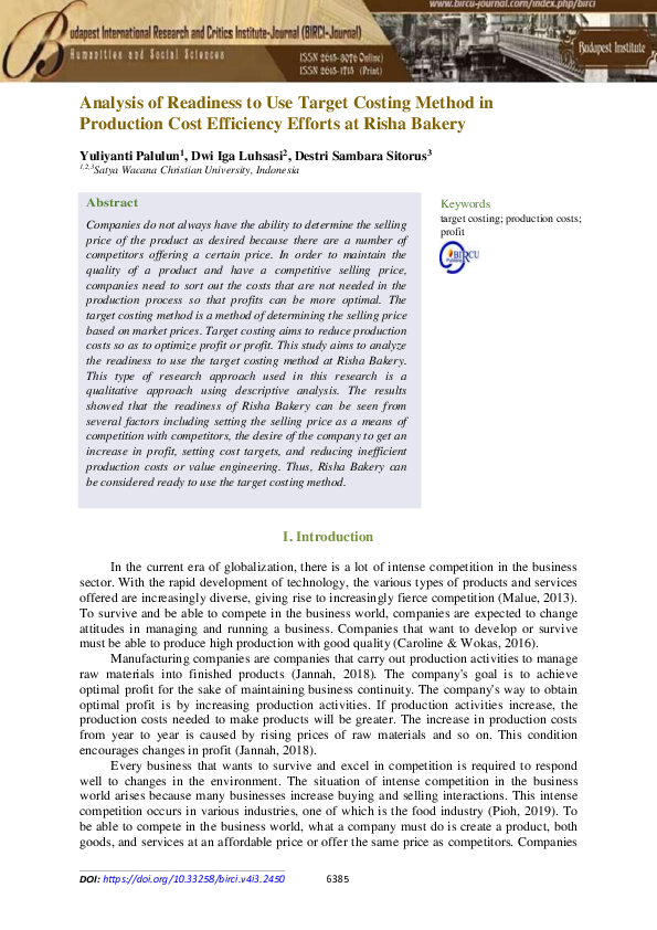 (PDF) Analysis of Readiness to Use Target Costing Method in Production Cost Efficiency Efforts ...
