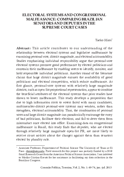 (PDF) ELECTORAL SYSTEMS AND CONGRESSIONAL MALFEASANCE: COMPARING ...